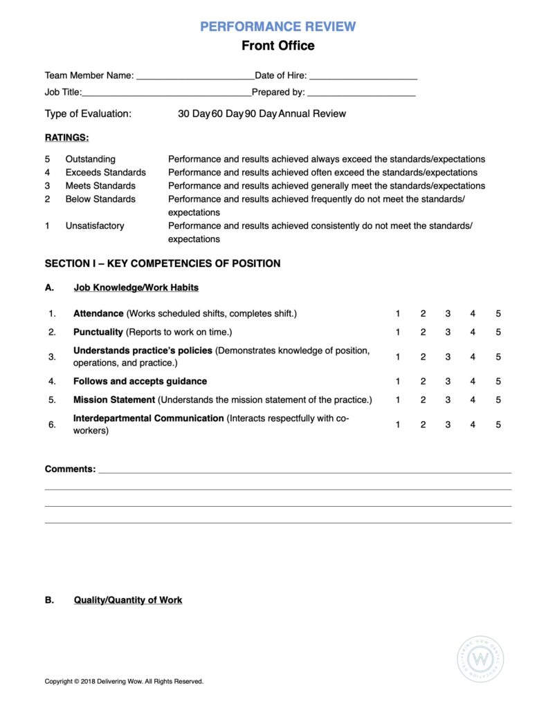 Front Office – Performance Review Doc 30-60-90 Annual Form - Delivering ...