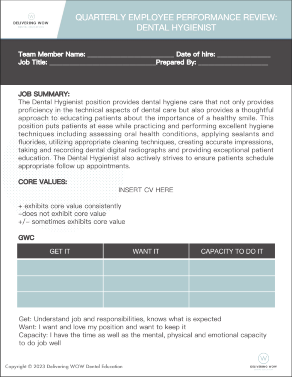 Dental Hygienist- Quarterly Employee Performance - Delivering Wow ...