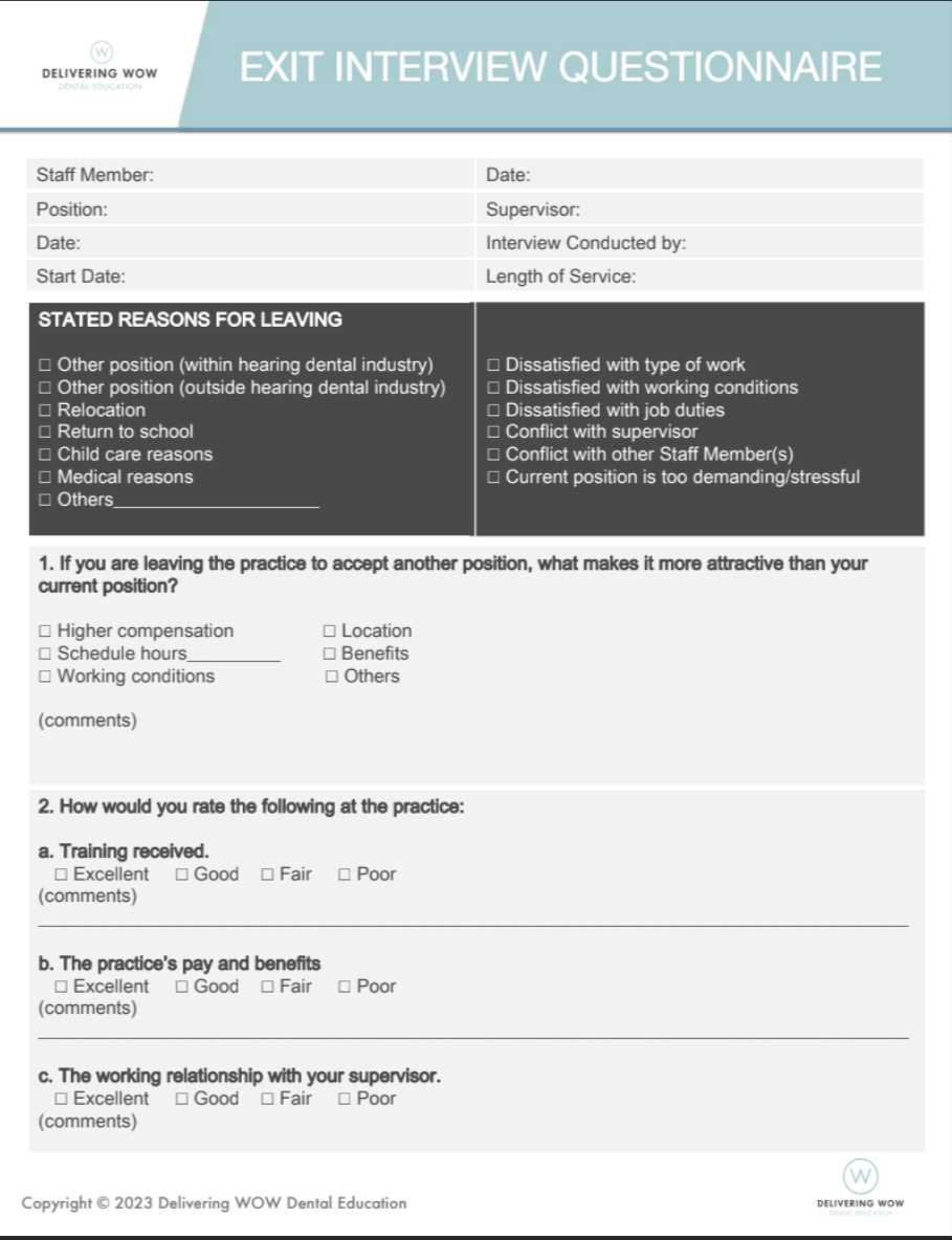 Exit Interview Questionnaire - Delivering Wow Dental Education™