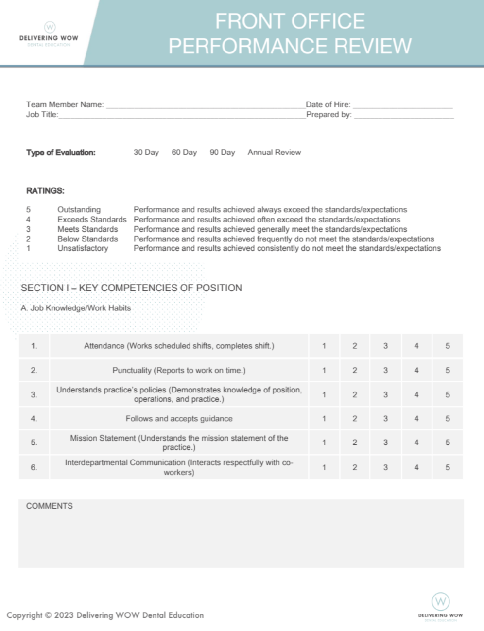 Front Office – Performance Review Doc 30-60-90 Annual Form - Delivering ...